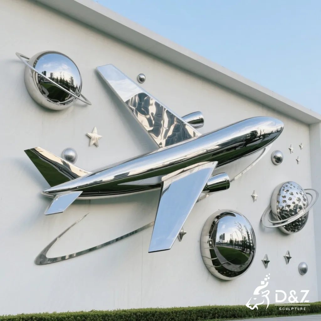 Stainless Steel Airplane Wall Sculpture With Planets DZN337 - D&Z Sculpture